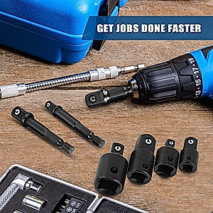7 Pieces Set Impact Drill Socket Adapter, 1/4"3/8"1/2" Hex Shank Adapter Reducer with Extension Set Impact Driver Conversions, Active Rust Protection By Black-Phosphate Coating Treatment
