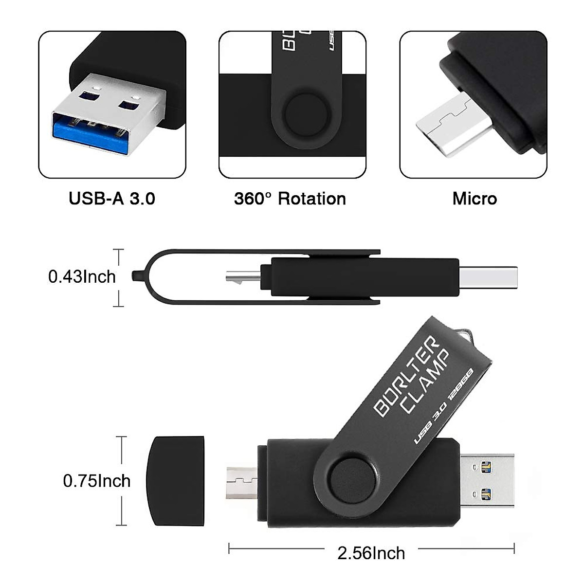 BorlterClamp 128GB USB 3.0 Flash Drive Dual Port Memory Stick, OTG Thumb Drive with Micro USB Drive Port for Android Smartphone Tablet & Computer (Black)