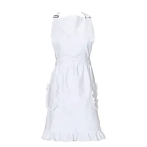 ModParty Apron for Women Ruffle Trim with Pockets Adjustable Straps Retro Kitchen Apron for Baking & Cooking (White)