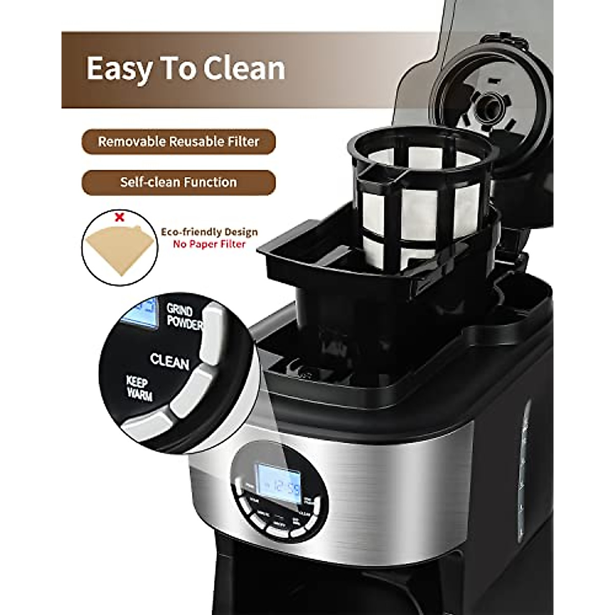 Teglu Coffee Maker with Grinder 12-Cup, Grind and Brew Coffee Machine Programmable with Warming Plate, Automatic Drip Coffee Pot with 60 oz BPA Free Glass Carafe, Black, 950W
