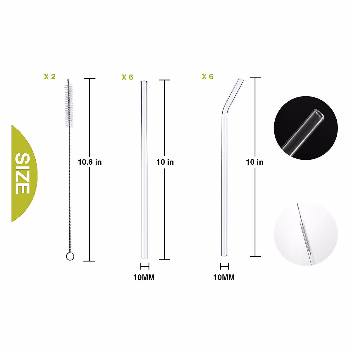 Emica 10"x10mm Long Reusable Glass Straws, Clear Drinking Straws for Smoothie, Milkshakes, Tea, Juice-12 Pack Including 6 Straight and 6 Bent with 2 Cleaning Brush, Perfect for Hot or Cold Drinks
