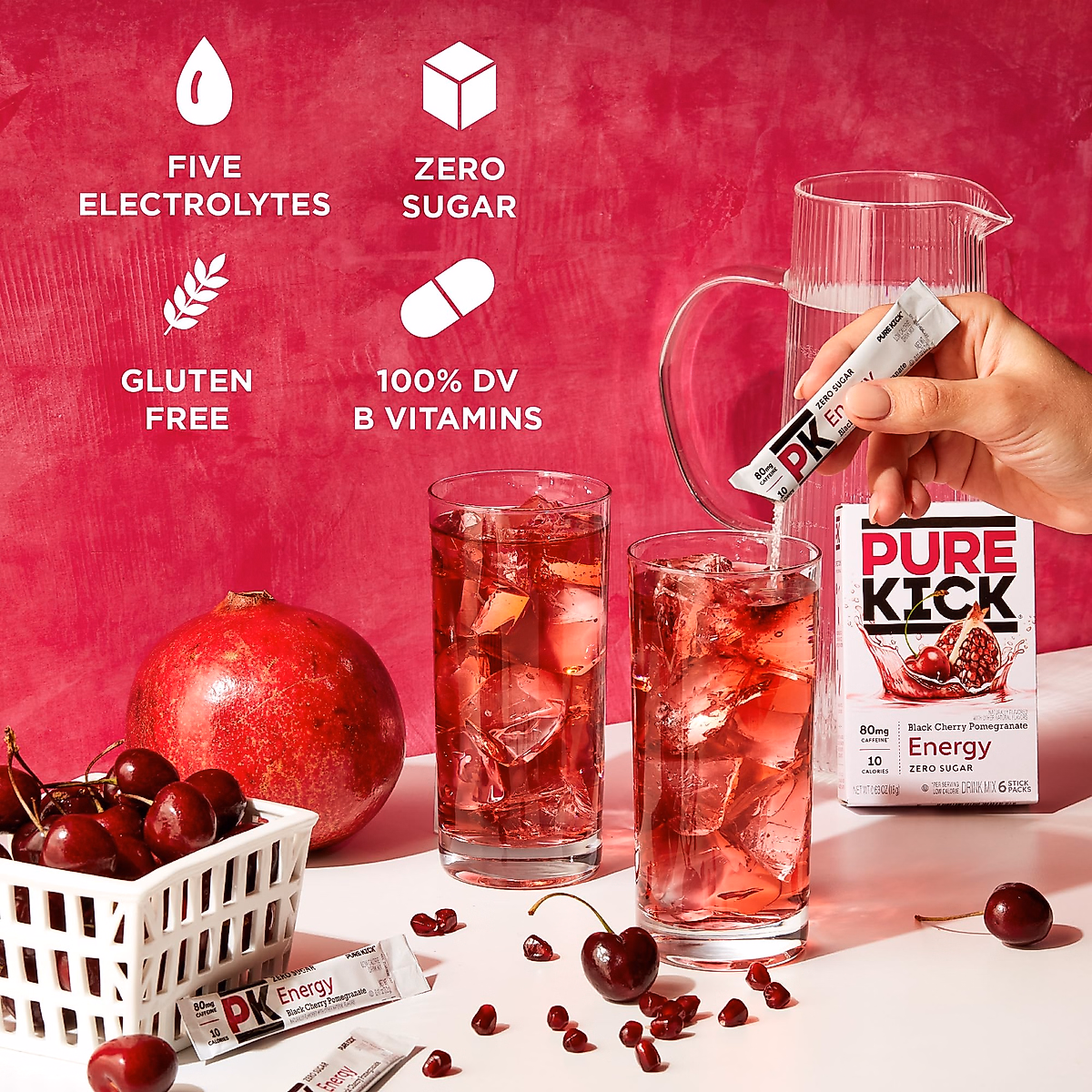 PURE KICK Energy Singles To Go Drink Mix, Black Cherry Pomegranate, Includes 12 Boxes with 6 Packets in each Box, 72 Total Packets