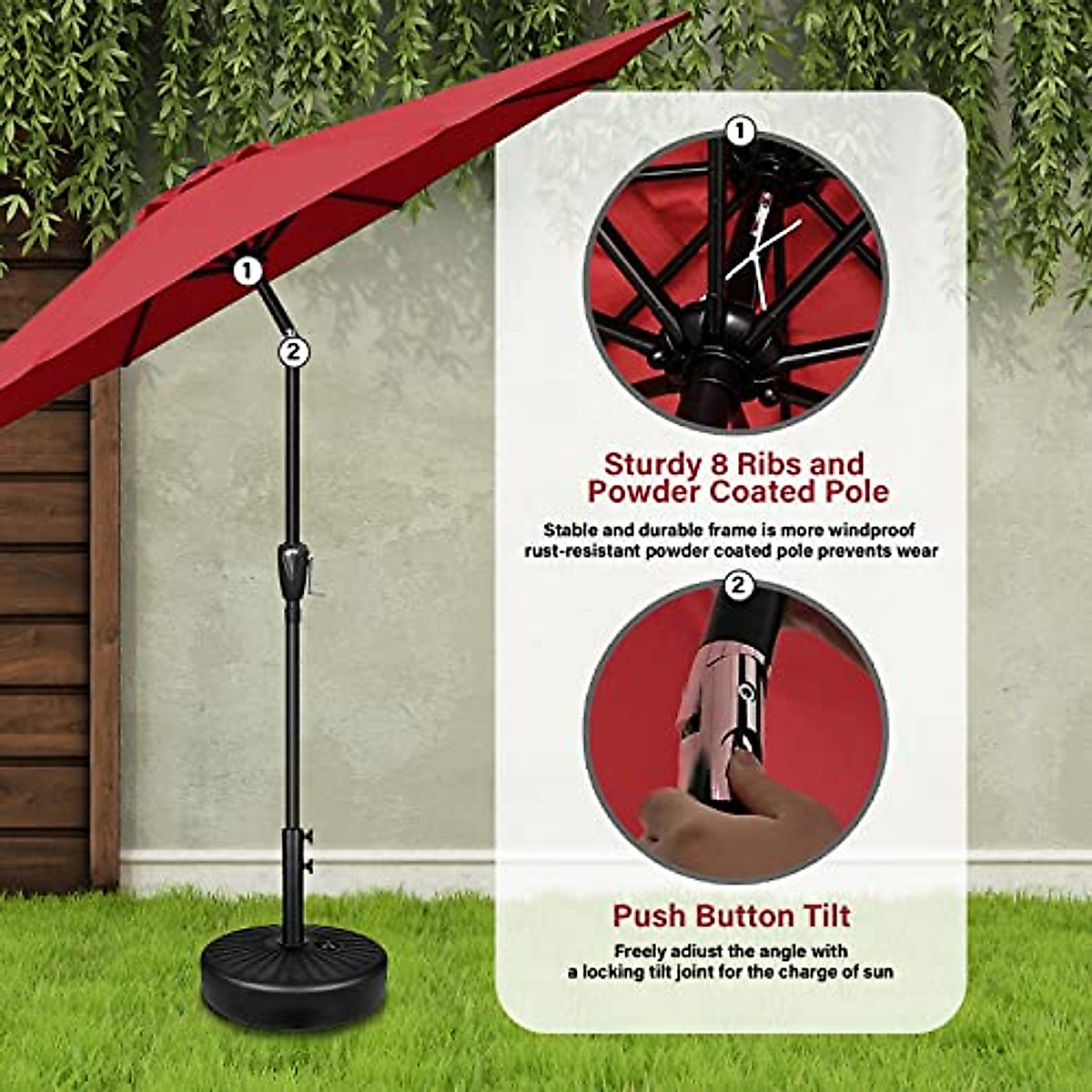 YSSOA 9' Patio Umbrella Outdoor Table Market Yard Umbrella with 8 Sturdy Ribs, Red