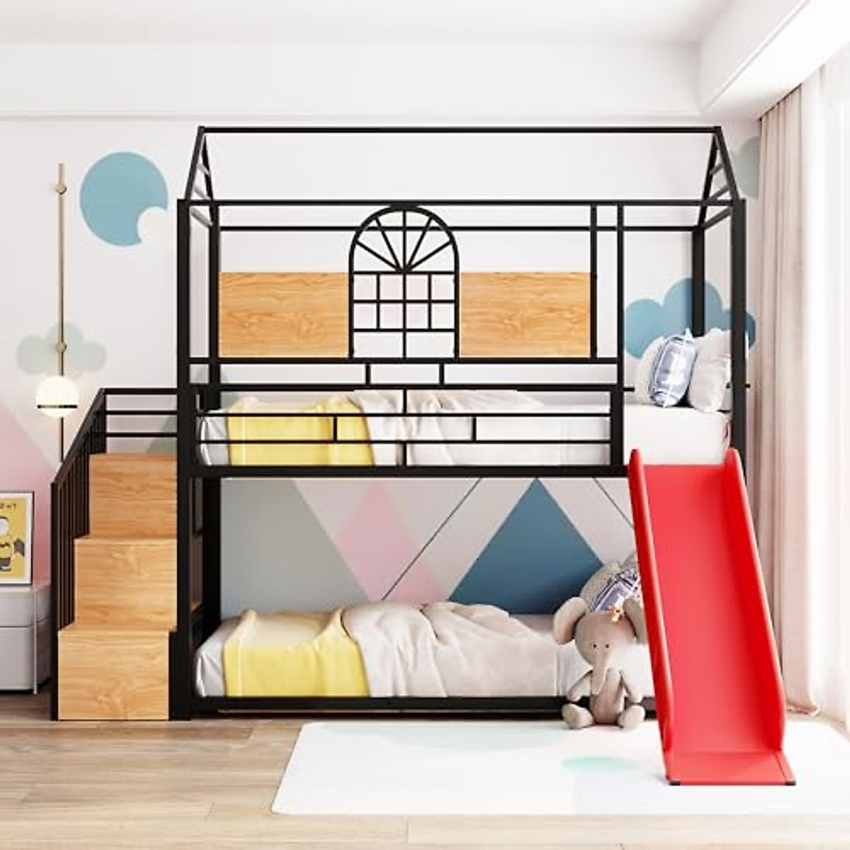BOVZA House Bunk Bed with Slide and Stairs, Twin Over Twin Metal Bunk Beds Frame with Roof and Storage Staircase for Kids Boys Girls Teens, Black+Red