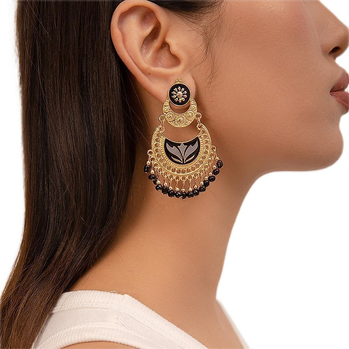 Kenjudess Vintage Turquoise Beaded Tassel Chandelier Earrings Retro Gold Ethnic Long Moon Drop Dangle Hook Earrings Exotic Indian Belly Dance Accessories for Women (Black B)