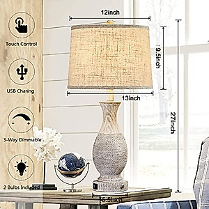 26.5" Farmhouse Table Lamp for Living Room, Rustic Touch Bedside Table Lamp Set of 2 with USB Charging Ports,3-Way Dimmable Nightstand Lamps for Bedroom,Oatmeal Linen Lampshade,LED Bulbs Included