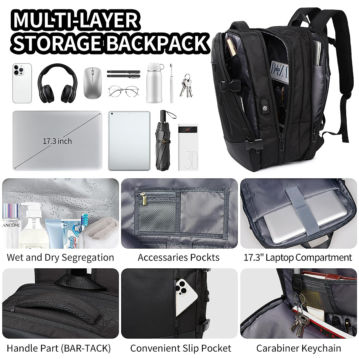 QOECI Waterproof Travel Backpack for Women Men, 44L Carry On Backpack with USB Charging Port, 17.3" Laptop Backpack, Personal Item Bag for Airlines Approved, Business Backpack Casual Daypack 1680D