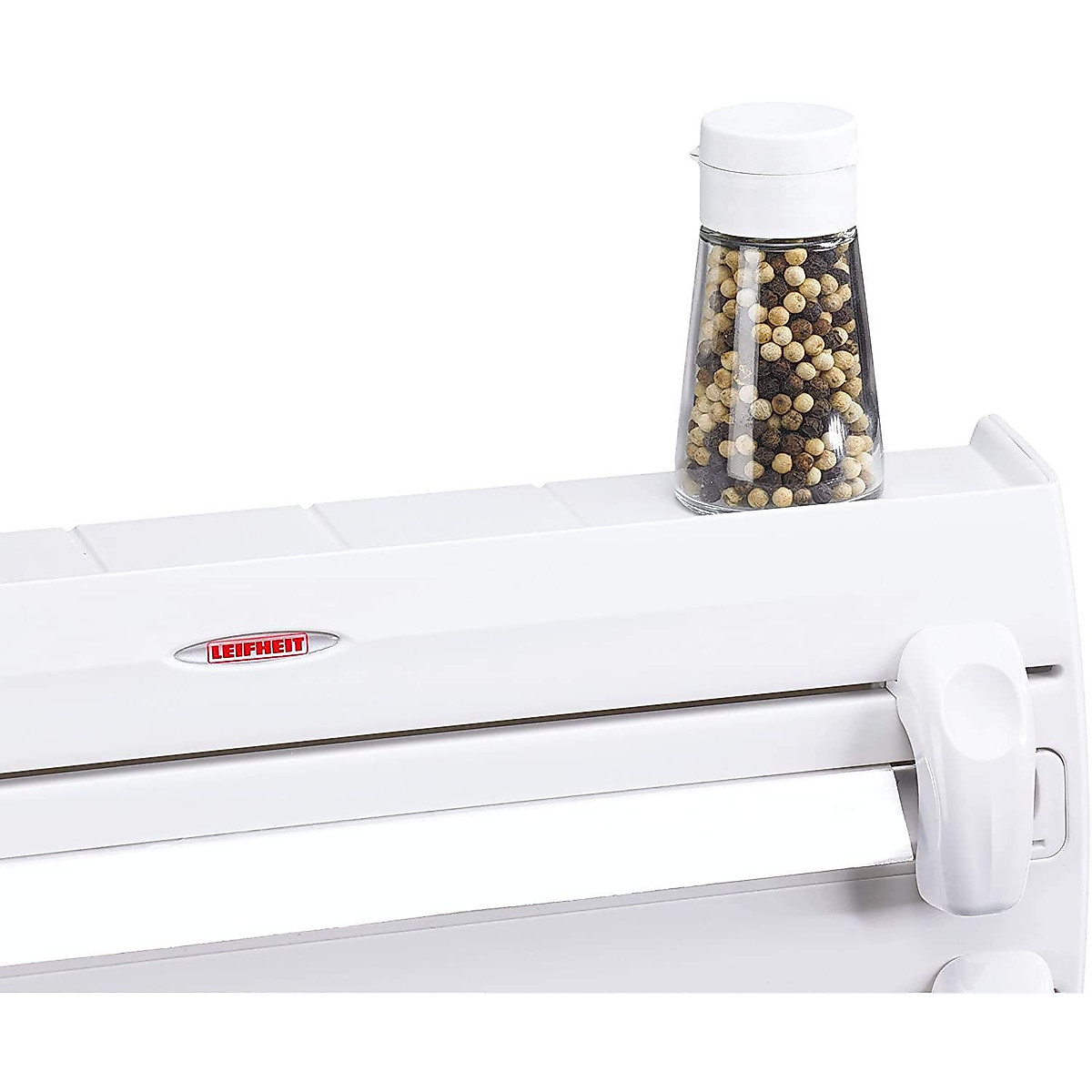 Leifheit 25771 4-in-1 Wall-Mount Paper Towel Holder | Plastic Wrap and Foil Dispenser with Spice Rack | White