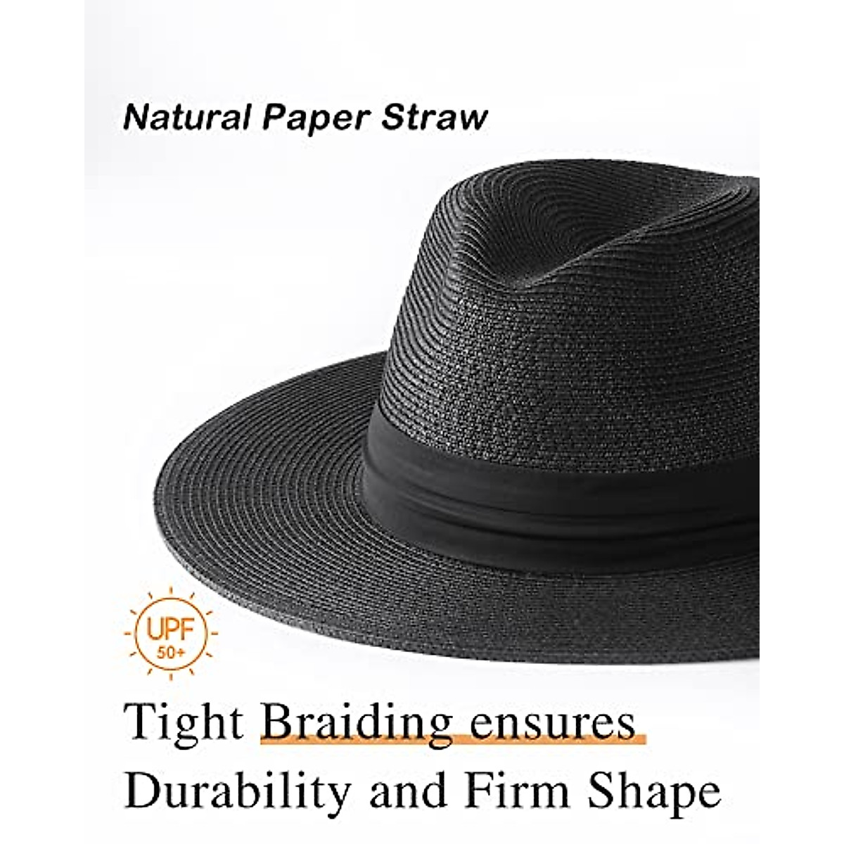 FURTALK Panama Hat Sun Hats for Women Men Wide Brim Fedora Straw Beach Hat UV UPF 50+ Black