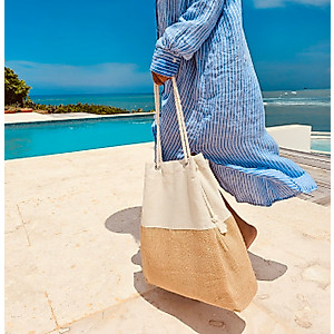 Large Beach Bag - woven beach bag - Canvas and Jute boho Tote Summer Shoulder Bag -Travel tote