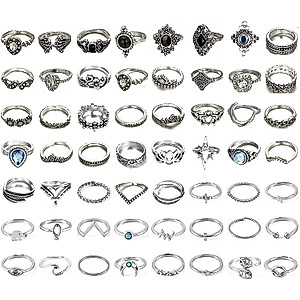 lisafinding 56pcs Vintage Silver Knuckle Rings Set Stackable Finger Rings Rings for Women Bohemian Hollow Carved Flowers Rings Fashion Finger Knuckle Rings