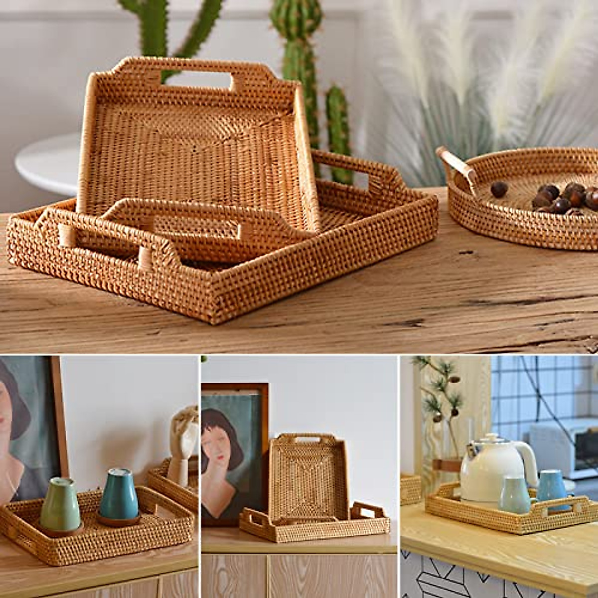 Rectangular Rattan Serving Tray with Handles, Handwoven Wicker Decorative Display Serving Platters for Coffee, Breakfast, Drinks, Snack Multi-Purpose Dining Table Desktop Organiser Tray(S)