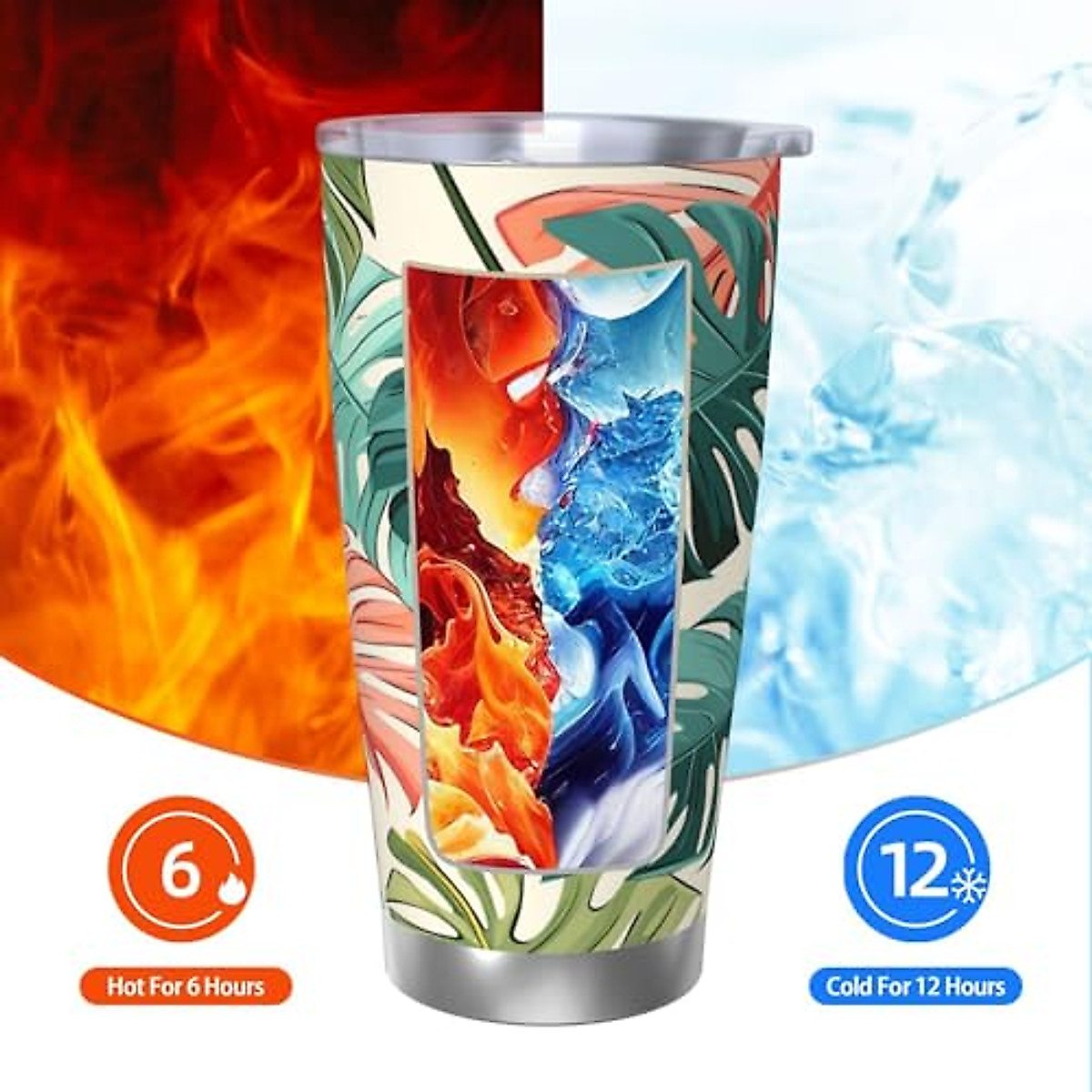 AYCZN Red Green Palm Leaves 20 OZ Tumbler Stainless Steel Travel Coffee Mug, Tropical Jungle Insulated Water Bottle with Lid and 2 StrawsLeakproof Thermal Cup