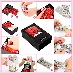 Money Box for Cash Gift Pull, Money Gift Boxes for Cash on Birthday, Christmas, Graduation, Mother's Day, for Husband, Wife, Girlfriend, Mother With Soap Rose Flower and Greeting Cards (Black+Red)