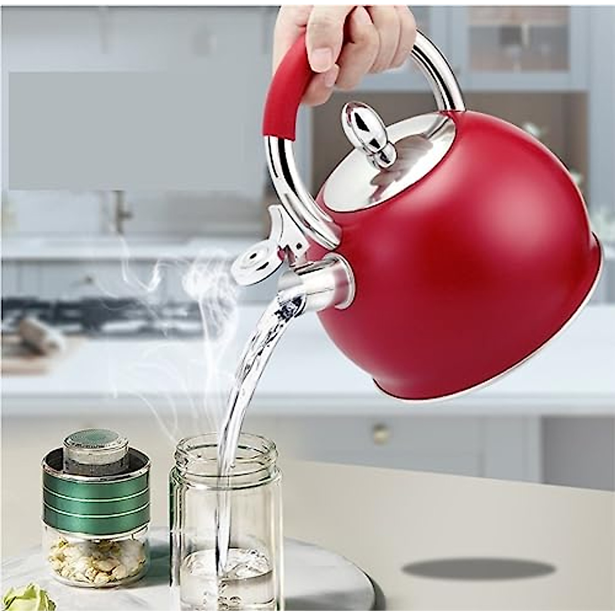 Stovetop Tea Kettle Whistling Teapot Tea Kettle 3L Whistling Tea Kettle 304 Stainless Steel Whistle Kettle Teapot Universal Stovetop Kettle Stove Top Kettle Tea Pot (Color : Red, Size : 20 * 24.5cm)