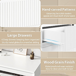 Jocoevol White Dresser 6 Drawer Dresser for Bedroom, Modern Fluted Dresser with Deep Drawers, Large Double Wooden Dresser Chest of Drawers for Living Room, Hallway, Entryway (White)