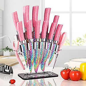 Rainbow Titanium Knife Set, Non Stick Thick and Sharp Stainless Steel Kitchen Knives Set with Acrylic Block, 15 Pcs Cutlery Knives Block Set, Chef Quality for Home & Pro Use, Best Gift, Pink Color