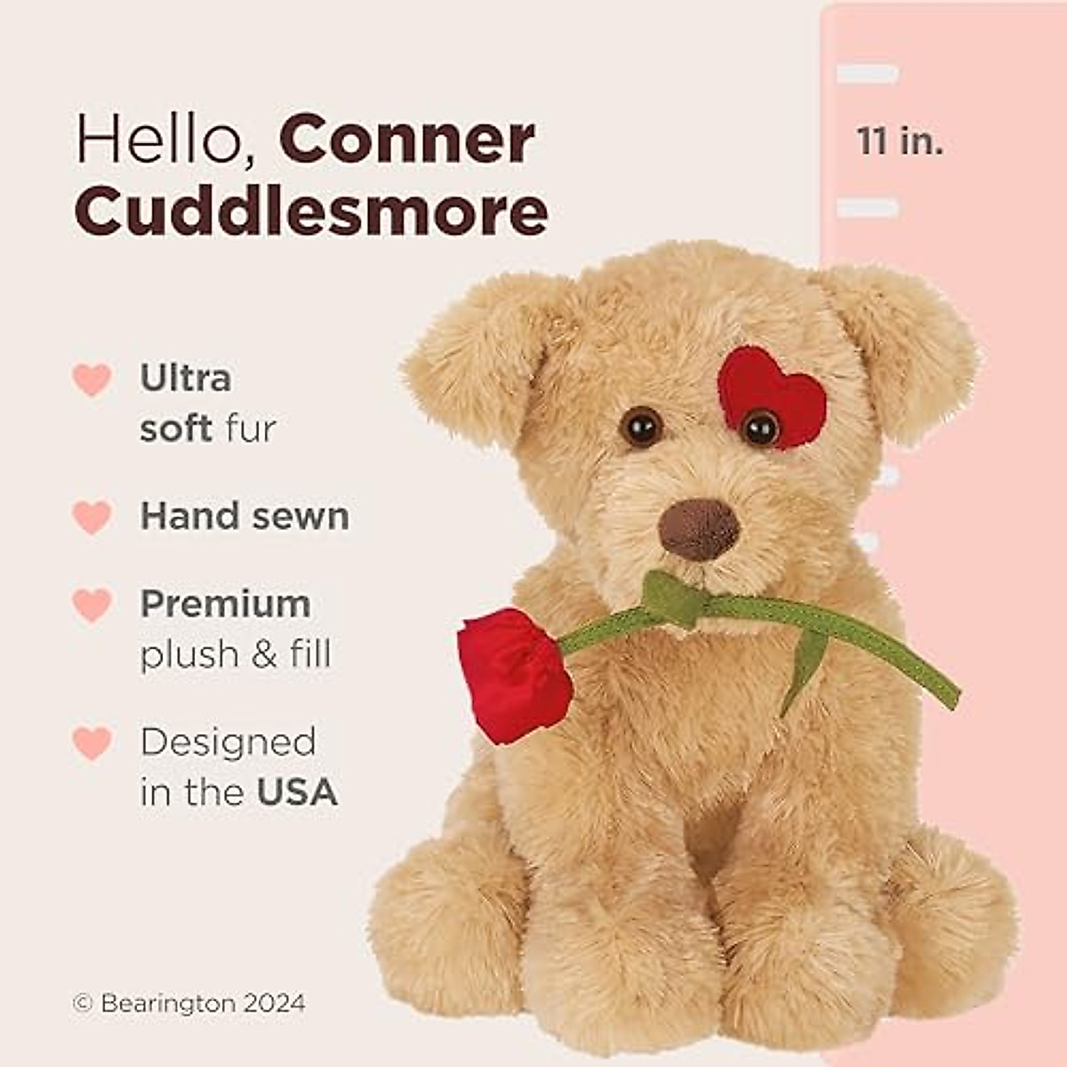 Bearington Conner Cuddlesmore The Valentine's Stuffed Animal, 11 Inch Stuffed Animal Dog, Ideal for Valentine's Day Gifts