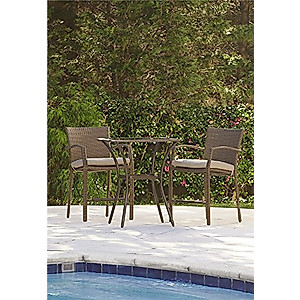 Cosco Outdoor 3 Piece High Top Bistro Lakewood Ranch Steel Woven Wicker Patio Balcony Furniture Set with Cushions, Brown