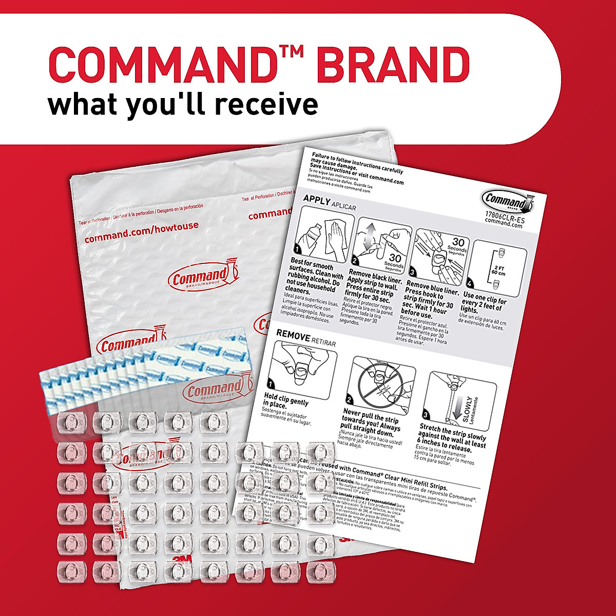 Command Indoor Mini Light Clips, Damage Free Hanging Light Clips with Adhesive Strips, No Tools Mini Wall Clips for Hanging Lights and Cables, 45 Clear Clips and 54 Command Strips