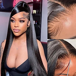 ANDRIA 13x4 HD Lace Front Wigs Straight Hair Glueless Lace Wigs Synthetic Long Silk Straight Natural Wig Heat Resistant Fiber Natural Black Hair Wig With Baby Hair For Black Women 24 Inches