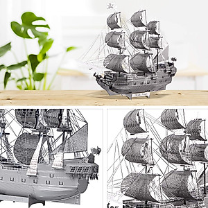Piececool 3D Puzzle for Adults Metal Model Kits-Black Pearl Pirate Ship DIY 3D Metal Puzzles, Flying Dutchman Model Ship STEM Building Kit Puzzle Toy, Great Birthday Gift Idea-49 Pcs