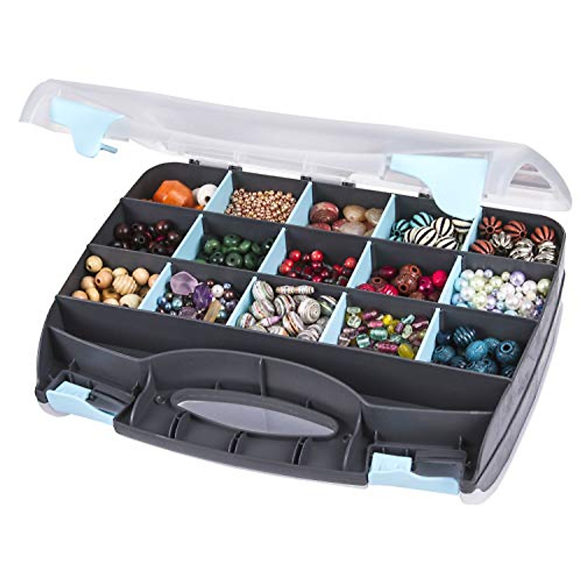 ArtBin 6877AG Double-Sided Quick View Carrying Case, Portable Art & Craft Organizer with Removable Dividers, [1] Plastic Storage Case, Black/Aqua with Clear Lid