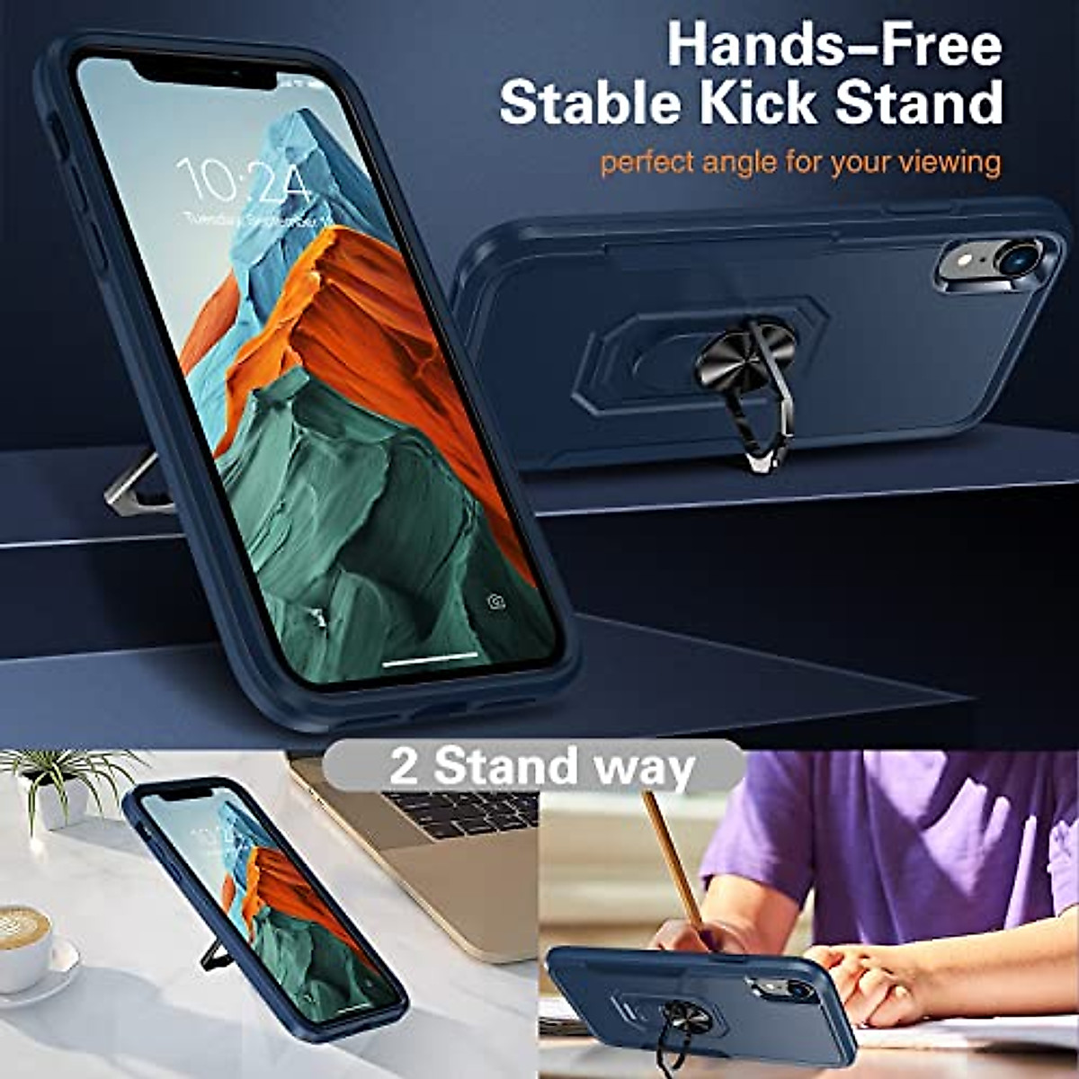 Oneagle for iPhone XR Case, 2 in 1 Heavy Duty Kickstand iPhone Xr Case with [Tempered Glass Screen Protector][ 360°Rotating Ring Stand]Slim Military Grade Shockproof Phone Case for iPhone XR 6.1 inch