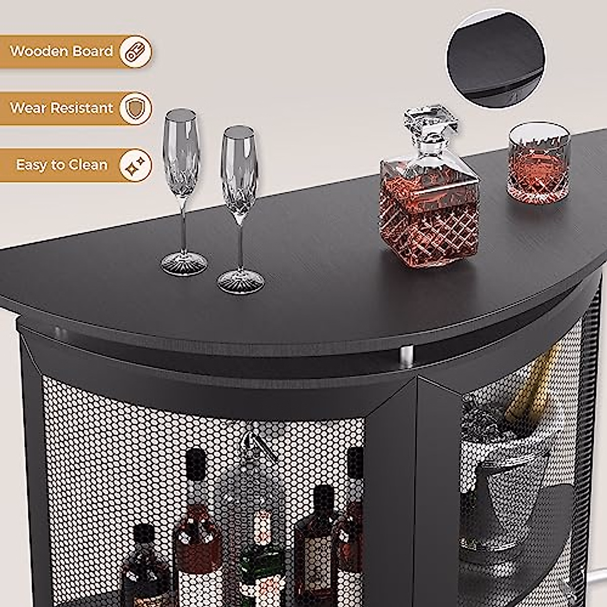 UPHYB Semi Cylindrical Home Bar Cabinet, High Top Bar Table with Metal Mesh Front, Wine Bar Cabinet with Goblet Holders and Footrest for Home