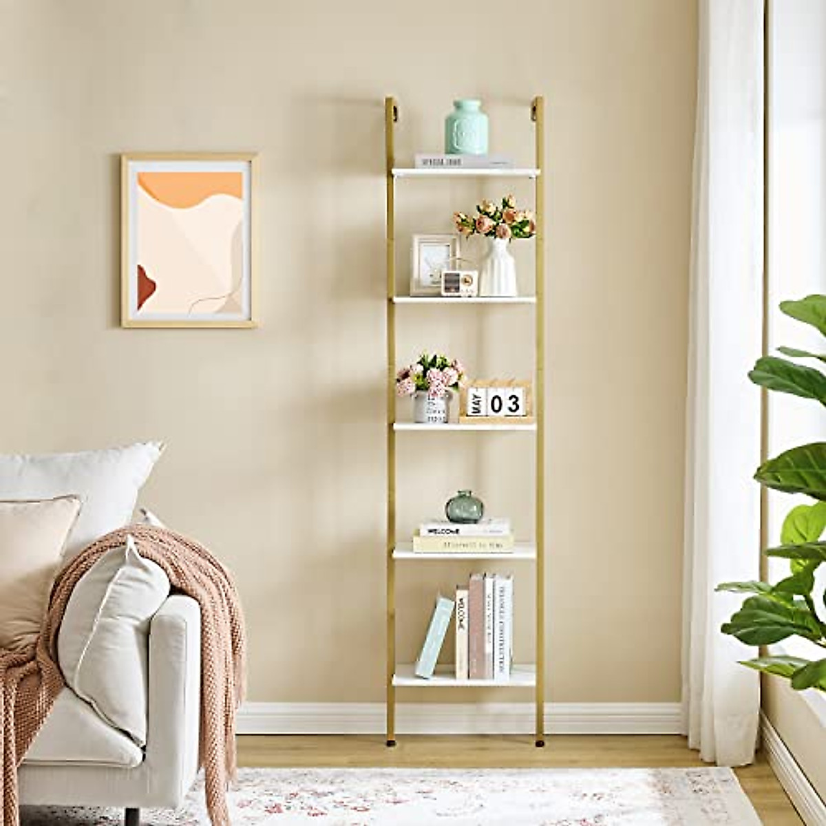 Tajsoon Industrial Bookcase, Ladder Shelf, 5-Tier Wood Wall Mounted Bookshelf with Stable Metal Frame, Open Display Rack, Storage Shelves for Bedroom, Home Office, Plant Flower, White & Gold