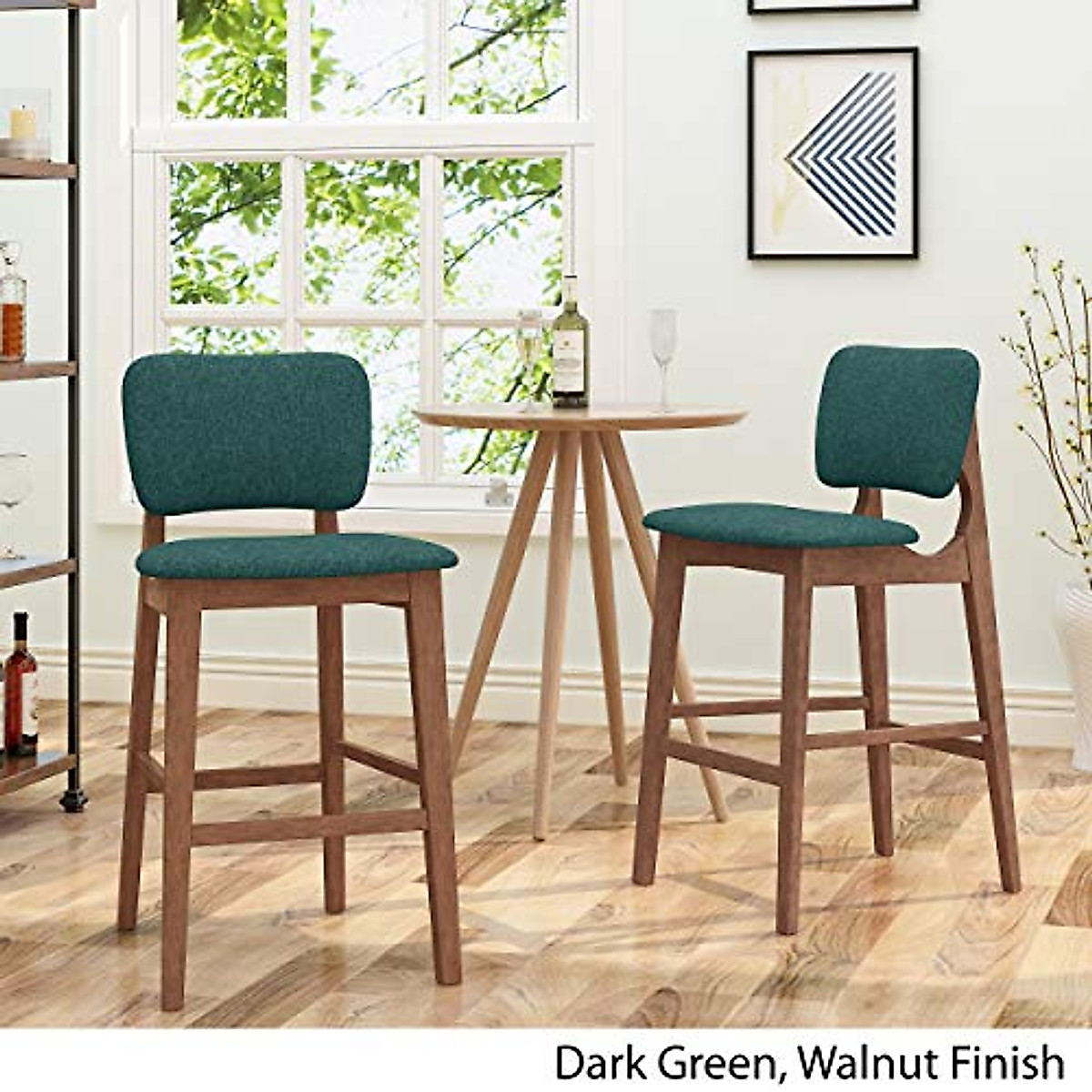 Christopher Knight Home Luella 42" Wooden Bar Chair with Fabric Seats (Set of 2), Dark Green and Walnut Finish