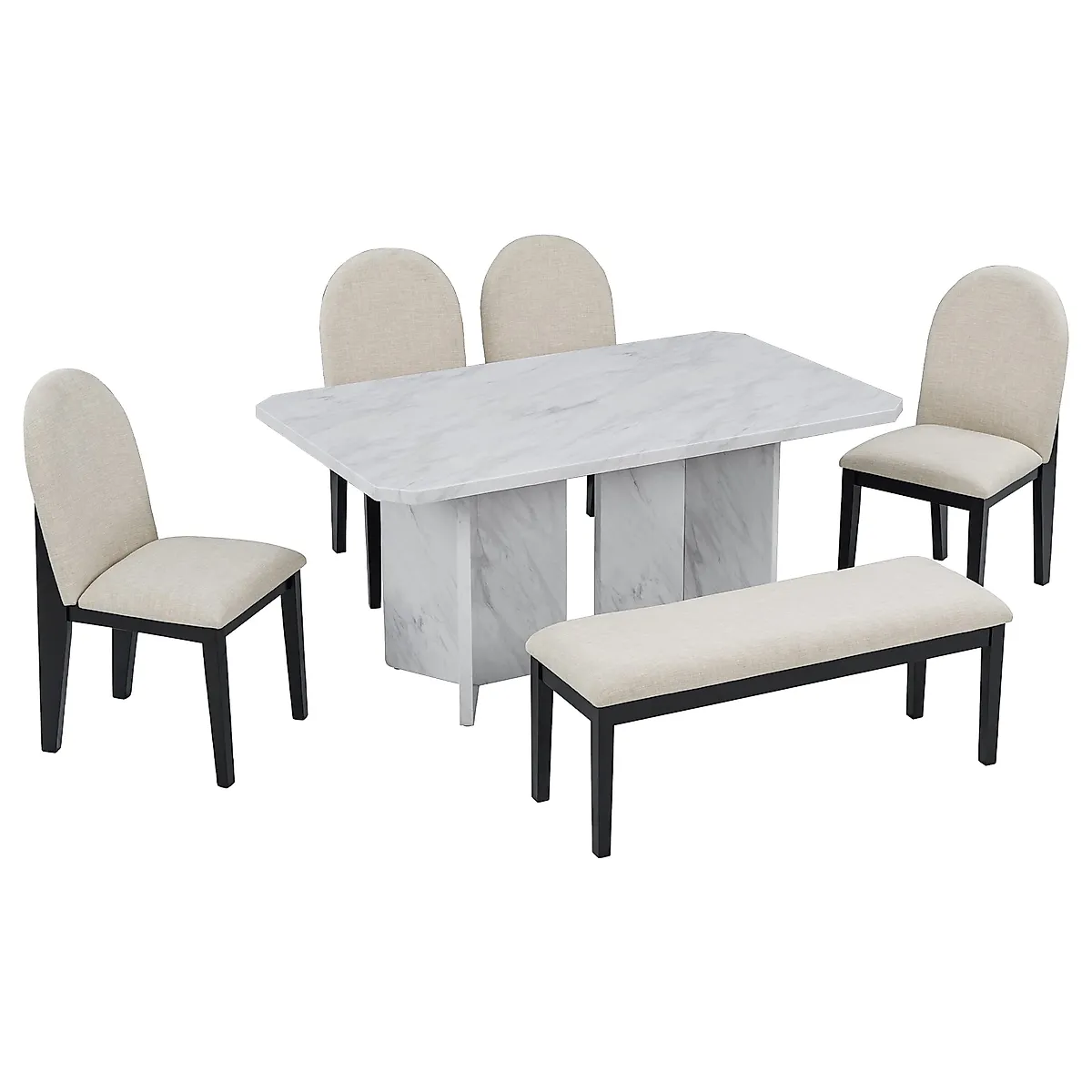 BIADNBZ 6-Piece Dining Table Set for 6 with Faux Marble Tabletop and 4 Upholstered Dining&Chairs & 1 Bench for Kitchen Funiture,Family, 36.1 inch, White