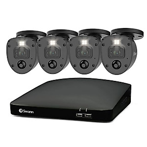 SWANN 1080P Video 8 Channel DVR Security Camera System, 1TB Hard Drive, 4 Indoor/Outdoor Cameras with Audio, Wired CCTV Home Surveillance, Color Night Vision, SwannForce LED Lights & Sirens, 846804SLB
