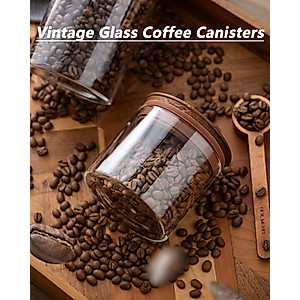 BOILMERIT 500ml Glass Coffee Canister with Wooden Lids and Scoop, Kitchen Coffee Container Set of 2 Hold Up to Total 12 oz of Coffee Bean, Airtight Food Storge Jars for Ground Coffee Bar Cereal Snack