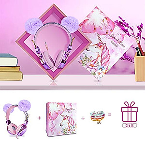 Kids Headphones, Purple POM POM Bear Ear 2020 Upgraded w/Adjustable Headband, Over On Ear Headset w/Mic for Girls/Teens/School/Kindle/Tablet/PC (Wired)