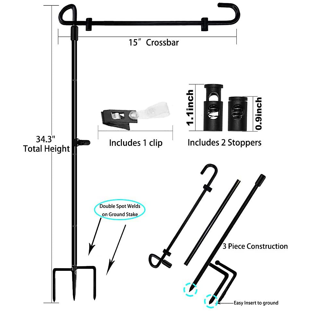 Upgraded Garden Flag Stand Banner Flagpole with 3 Prong Base, Black Wrought Iron Yard Garden Flag Pole - Holds Flags up to 12.5" in Width for Outdoor Garden Lawn
