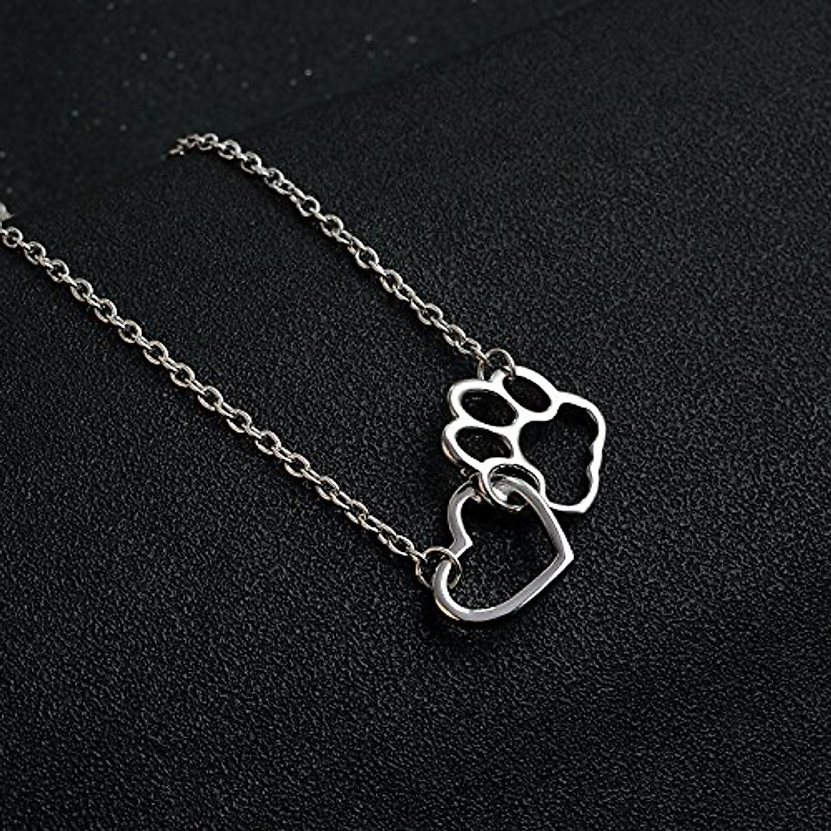 QIAN0813 Cat Dog Puppy Paw Print Stamped Pet Memorial Pendant Necklace Love Heart Necklace Jewelry (Silver)