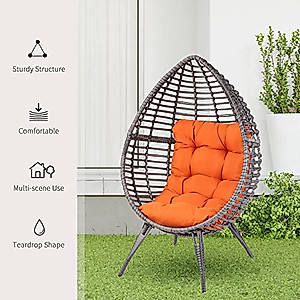 Outsunny Egg Chair w/Soft Cushion, Teardrop Cuddle Seat, Outdoor/Indoor, PE Plastic Rattan Furniture, Adjustable Height, Orange