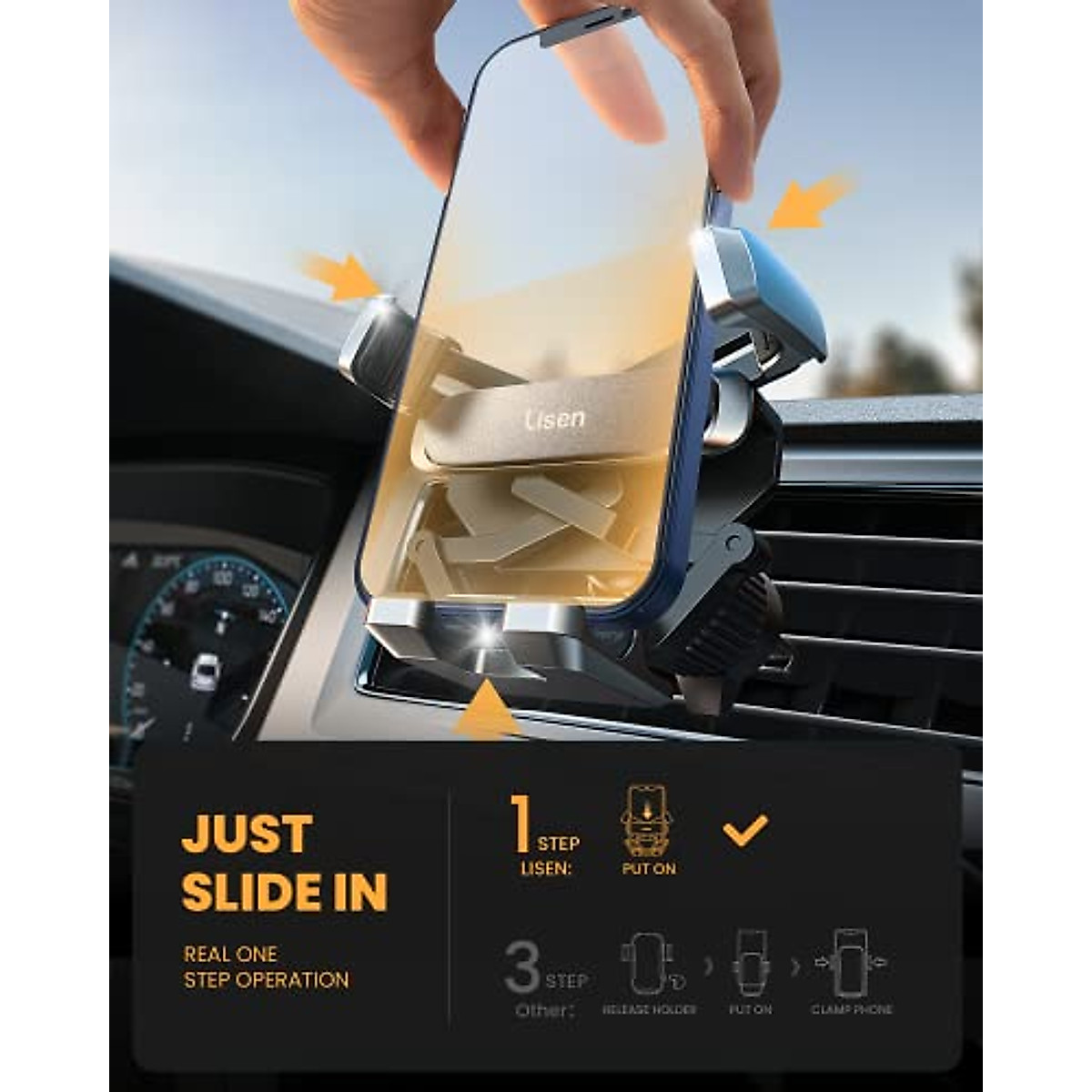 LISEN Car Vent Phone Mount for Car Phone Holder Upgraded Metal Hook Clip Air Vent Cell Phone Holder Mount Auto Lock Thick & Big Phone Friendly Car Mount for iPhone 14 Pr Max all 4-7.5 inch Smartphone