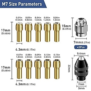 4486 Multi Chuck Set 15Pcs,Brass Collet Set,Collet Nut Kit,0.8-3.2mm Replacement Keyless Quick Change Chuck Rotary Tool Accessory Compatible with Dremel 3000 4000 7700 8200(M7x0.75mm Long)