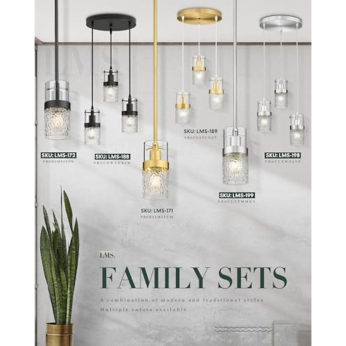 LMS Black Pendant Lights, Modern Industrial Pendant Lighting for Kitchen Island with Hammered Glass, LMS-172