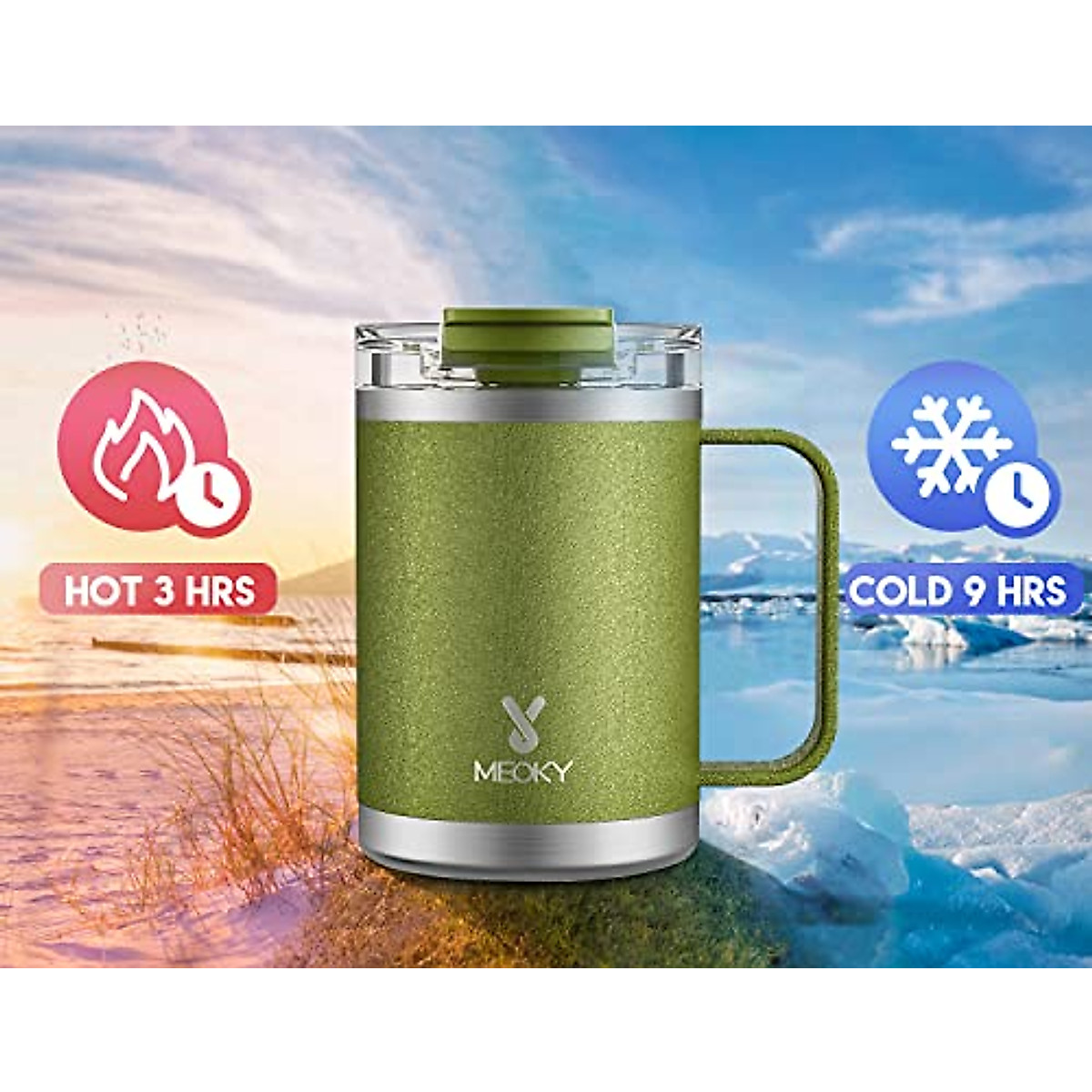 Meoky 14oz Insulated Coffee Mug with Lid and Handle, 100% Leak Proof Stainless Steel Coffee Cup with Tritan Lid, Double Wall Vacuum Coffee Tumbler with Handle (Forest)