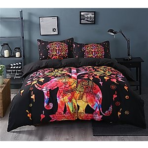 Sleepwish Super Soft Duvet Cover Set with 2 Pillow Shams,Elephant Mandala Pattern,Bohemia Exotic Patterns Design (King, Black Cool)