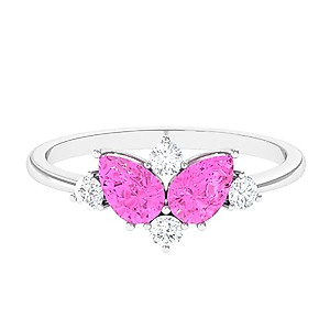 Rosec Jewels 1.5 Cttw Pear Cut Created Pink Sapphire Cluster Promise Ring with Diamond| AAAA Quality, 14K White Gold, Size:US 6.50