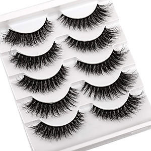 Newcally Cat Eye Mink Eyelashes Nautral Fluffy False Eyelashes 5D Volume Fake Eyelashes 5 Pairs Pack Full Crossed Short Eye Lashes Handmade Reusable Soft Multipack