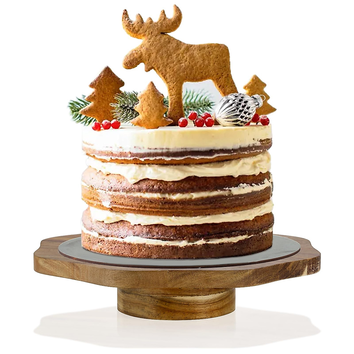 Mezchi Acacia Wood Cake Stand, Rustic Wooden Pedestal for 12 Inch Cake, Slice Dessert Wedding Platter Display Stand Cupcake, Baby Shower, Birthday, Grain Pattern Brown