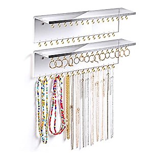 2 Pieces Acrylic Jewelry Organizer Wall Mounted with 60 Hooks, Hanging Jewelry Organizer Holder Display for Hanging Rings, Earrings, Necklace Holder (Clear)