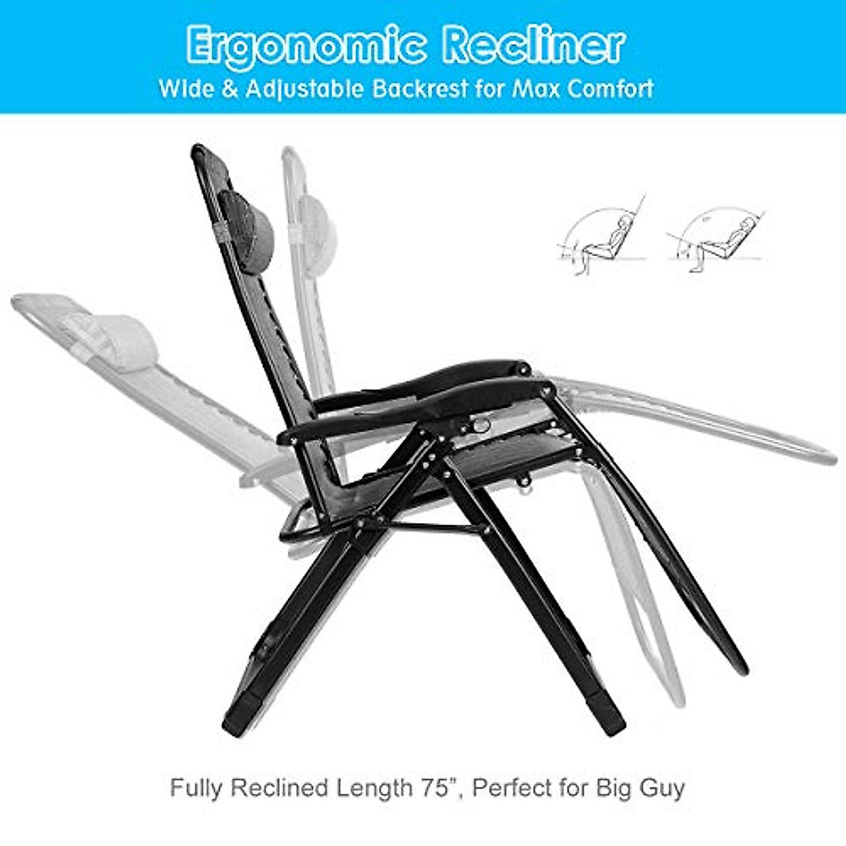 Goplus Zero Gravity Chairs, X-Large Outdoor Lounge Lawn Chair with Cup Holder & Detachable Headrest, Adjustable Folding Patio Recliner for Pool Porch Deck Oversize (Gray)