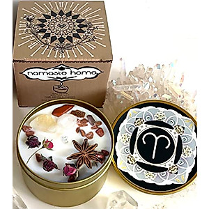 Aries Candle,Aries Gift, Zodiac Candle, Astrology Gift, Handmade Candle with Crystals, Rose Petals, Lavender Buds (8 oz)