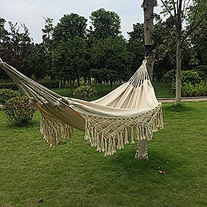Handmade Cotton Woven Balcony Hammock Hanging Rope Chair Porch Swing with Crochet Fringe for Backyard Patio Garden Outdoor and Indoor Boho Style Natural White